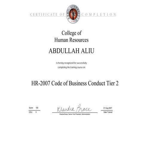 Certificate - Code of Business Condact Tier 2 | PDF