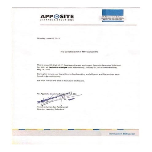 Apposite LEarning Solutions Internship Letter | PDF