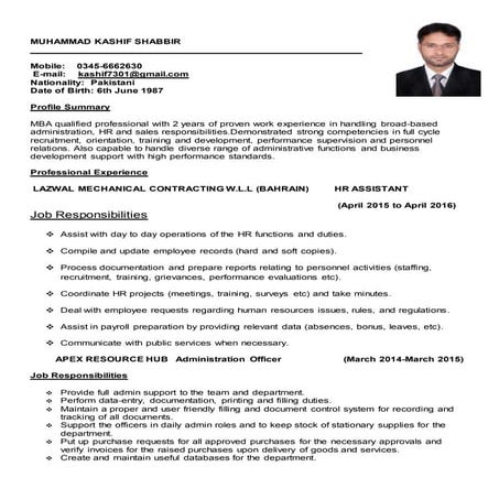 MUHAMMAD KASHIF SHABBIR (HR ASSISTANT CV) | DOCX