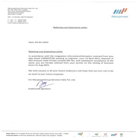 Manpower Experience letter | PDF
