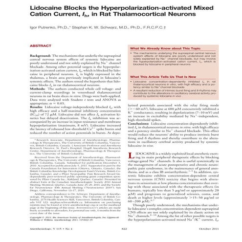 Lidocaine Blocks The Hyperpolarization Activated Mixed Cation Current I H In Rat
