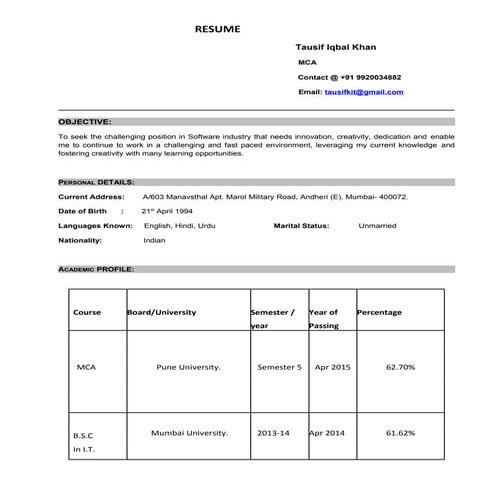 Tausif Resume | DOC | Programming Languages | Computing