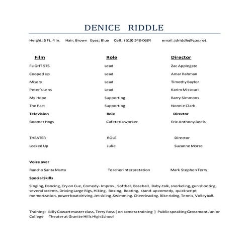 Denice Riddle acting resume current | DOCX