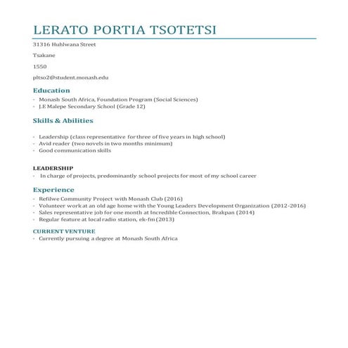 LERATO PORTIA TSOTETSI, resume | PDF