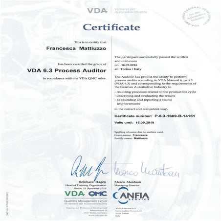 VDA6_3 Certificate | PDF
