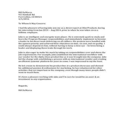 Jake Reference Letter - Bill DeMarco | DOCX