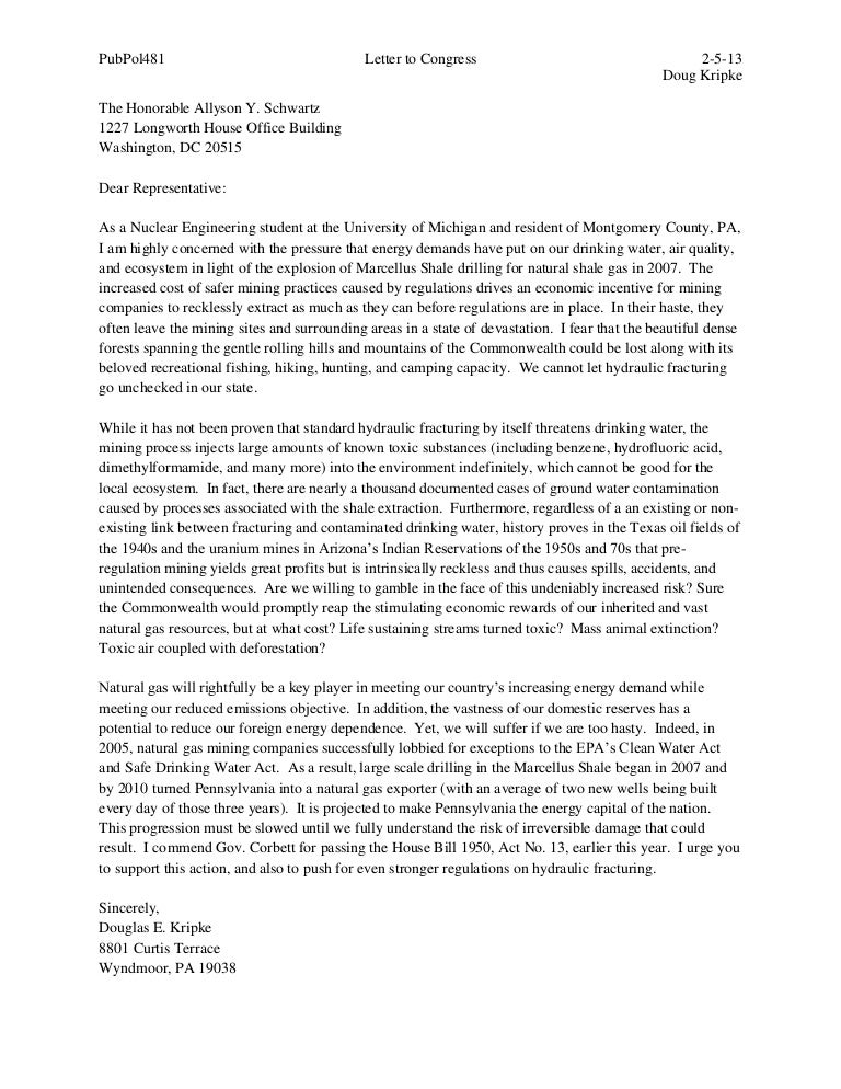Letter to Congress for UM PUBPOL481