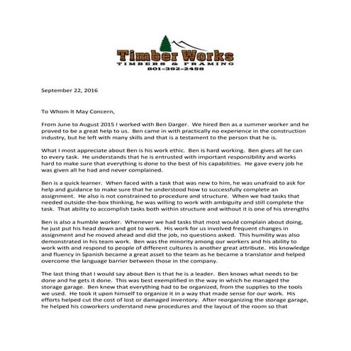 Ben Darger letter of recommendation | PDF