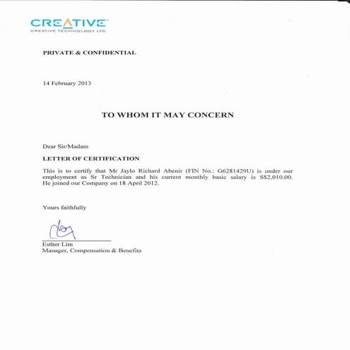 Creative Letter Of Cert | PDF