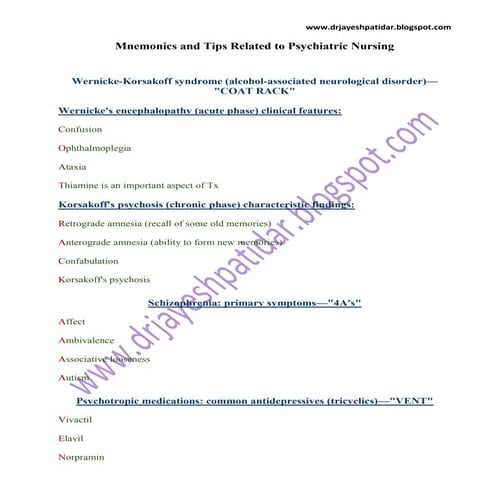 Mnemonics and tips related to psychiatric nursing | PDF
