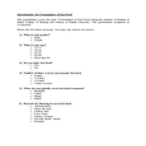 Questionnaire for consumption fast food finalized 1 (2) | DOCX