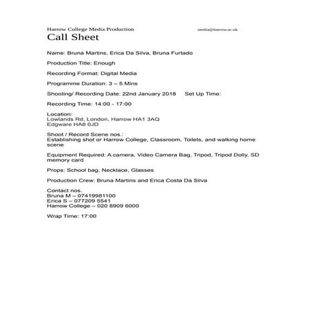 Copy of call sheet media | DOC