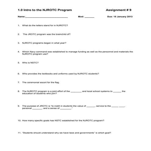 1.0 Introduction to the NJROTC Program questions | PDF