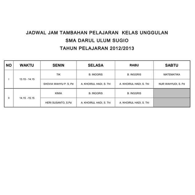 JADWAL JAM TAMBAHAN KELAS UNGGULAN | PDF