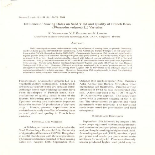 1 Influence Of Sowing Dates On Seed Yield And Quality Of French Bean Phaseolus Vulgaris L