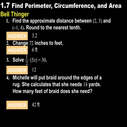 1.7 find perimeter, circumference, and area | PPTX
