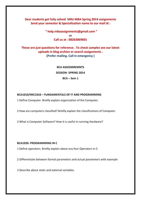 Smu bca sem 1 winter 2014 assignments | DOCX