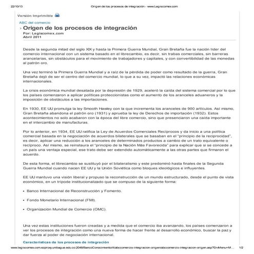 Integración Económica 1. El Origen de los procesos de integración | PDF