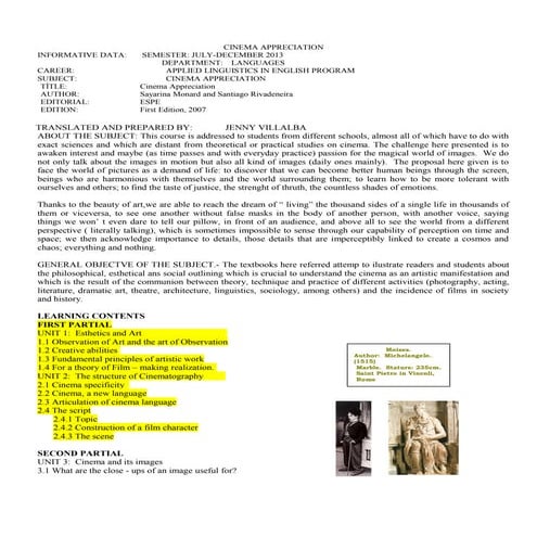 CINEMA APPRECIATION Handbook | DOC