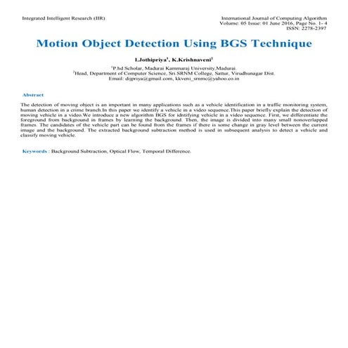 Motion Object Detection Using Bgs Technique Pdf