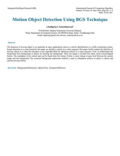 Motion Object Detection Using Bgs Technique Pdf