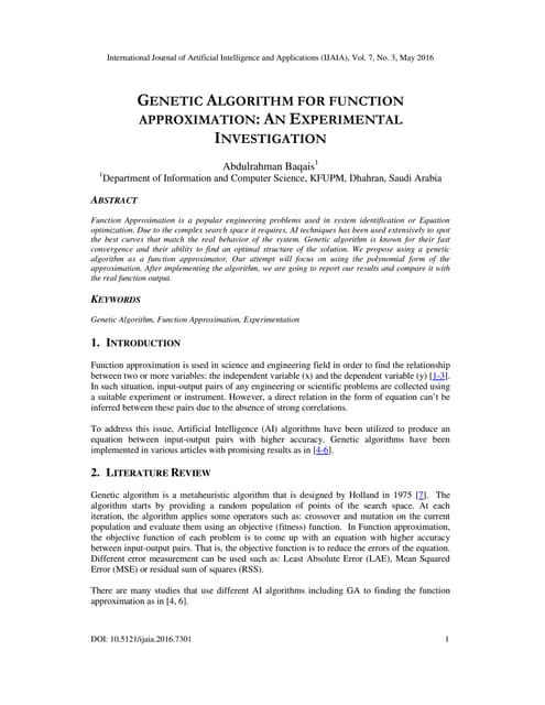 Genetic Algorithm For Function Approximation An Experimental Investigation Pdf