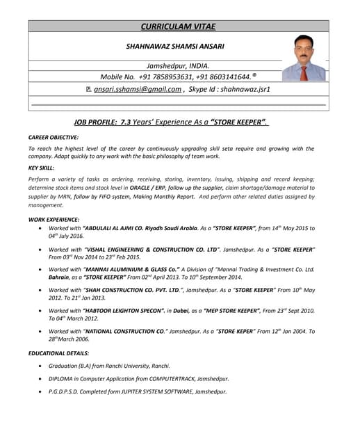 CV For Store Keeper CV For Store Keeper