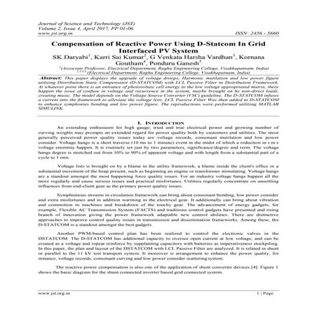 Pensation Of Reactive Power Using D Statcom In Grid Interfaced Pv