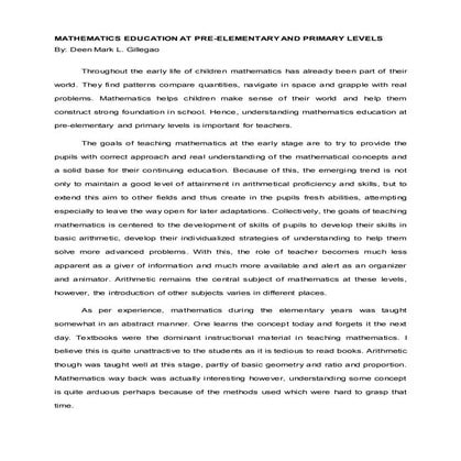 MATHEMATICS EDUCATION AT PRE-ELEMENTARY AND PRIMARY LEVELS | PDF