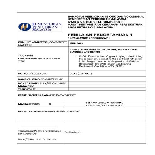 Kuiz 1 VRF Maintenance , Diagnose and Repair | PDF