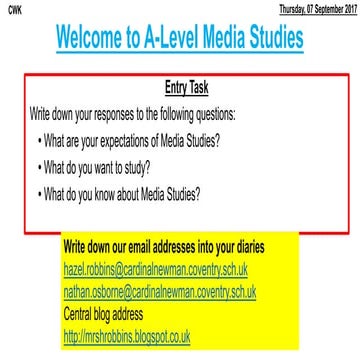 1. Welcome to a level media studies | PPT
