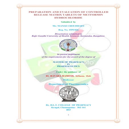Manoj Choudhary Preparation And Evaluation Of Controlled Release Matrix Tablets Of Metformin