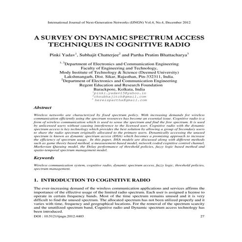 A Survey On Dynamic Spectrum Access Techniques In Cognitive Radio Pdf 