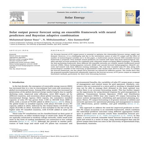 Solar Output Power Forecast Using An Ensemble Framework With Neural Predictors And Bayesian
