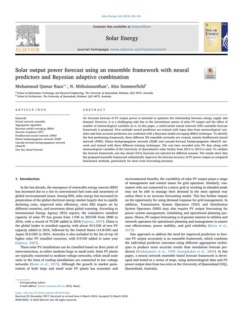 Solar Output Power Forecast Using An Ensemble Framework With Neural Predictors And Bayesian