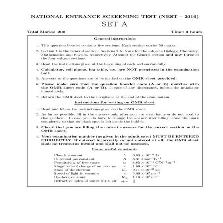 NEST 2016 Question Paper | PDF