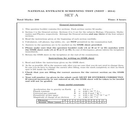 NEST 2014 Question Paper | PDF