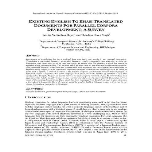 EXISTING ENGLISH TO KHASI TRANSLATED DOCUMENTS FOR PARALLEL CORPORA DEVELOPMENT: A SURVEY | PDF ...