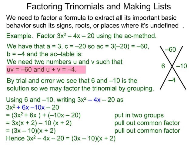 1 0 Factoring Trinomials The Ac Method And Making Lists T Ppt