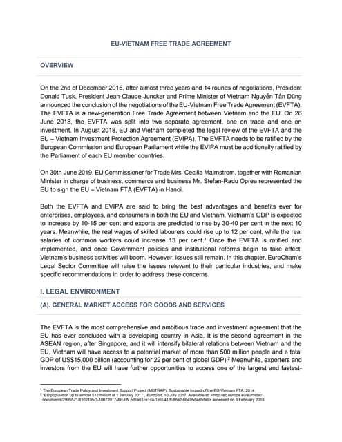 VIETNAM - EU-VIETNAM FREE TRADE AGREEMENT AND INVESTMENT PROTECTION AGREEMENT – MARKET ACCESS ...