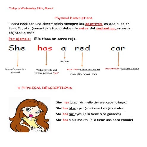 Descripcion fisica y adjetivos en ingles | PPTX
