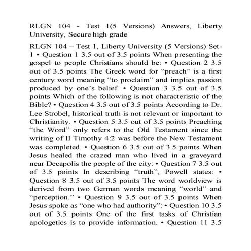 RLGN 104 - Test 1(5 Versions) Answers, Liberty University, Secure high ...