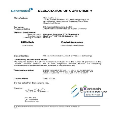 neoplex pcr test kit [genematrix] declaration of conformity_rev00_neo ...