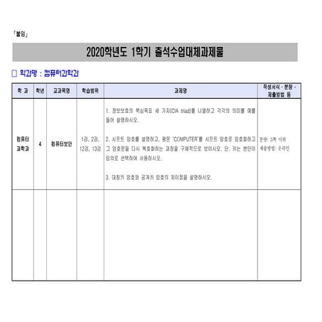 방송통신대 컴퓨터과학과 2020년 1학기 전공 컴퓨터 보안 과제물 문제 Ppt