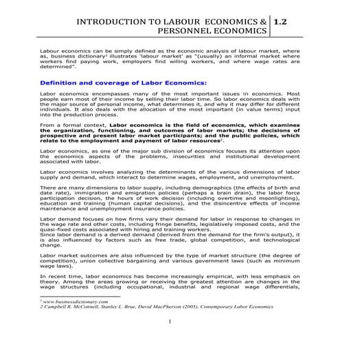 introduction to labour economics and personnel economics. | PDF