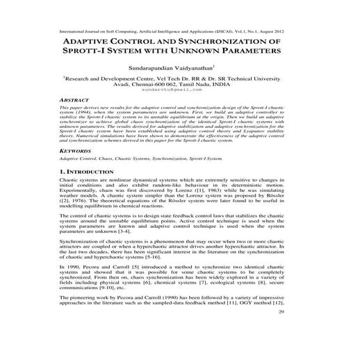Adaptive Control And Synchronization Of Sprott I System With Unknown Parameters Pdf