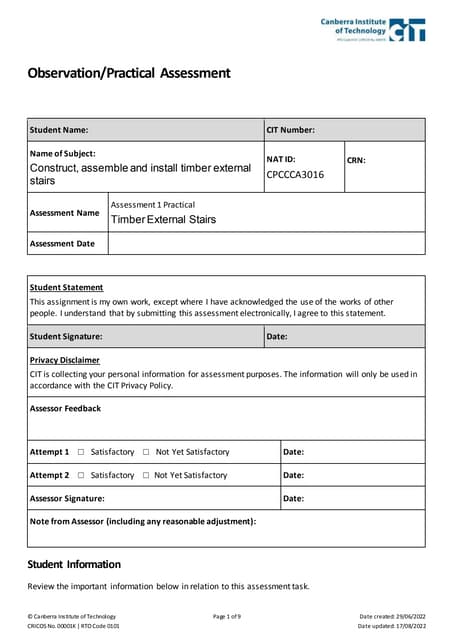 Practical assessment-Construct, assemble and install timber external ... Practical assessment-Construct, assemble and install timber external ...