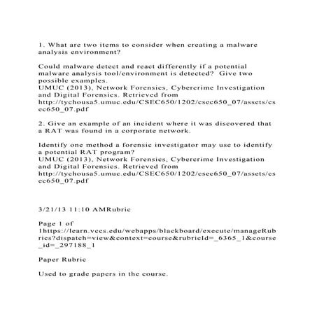 1. What are two items to consider when creating a malware analysis.docx