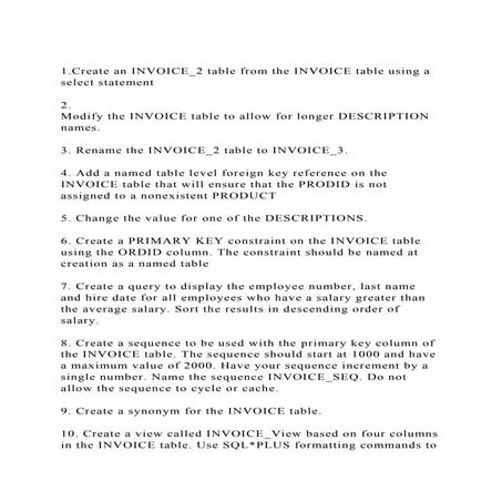 1.Create an INVOICE_2 table from the INVOICE table using a select .docx