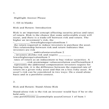 1. Highlight Answer Please1. fill in blanksRisk and Ret.docx